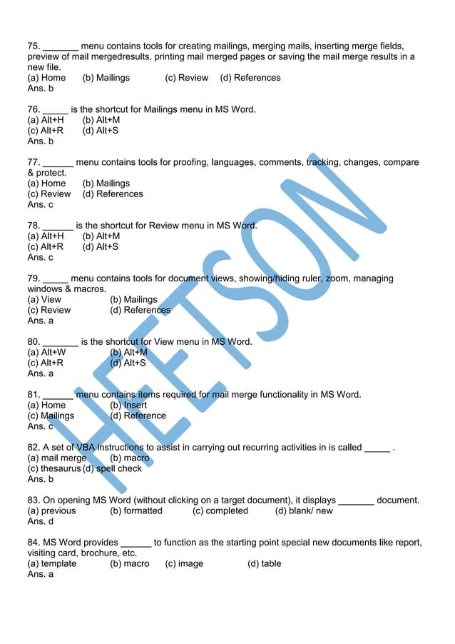 MS Word MCQ (Microsoft Office Related Question) | PDF