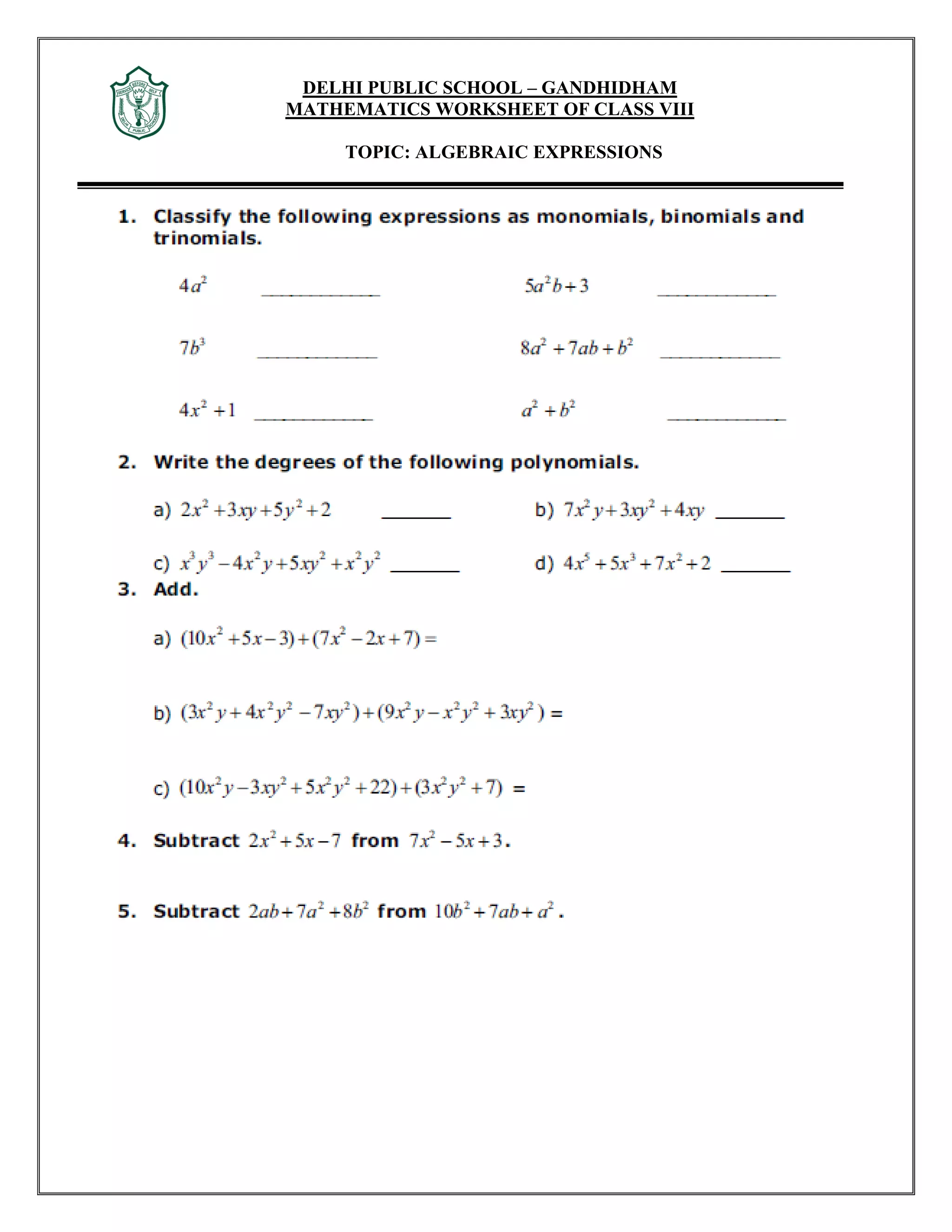 Maths algebraic expression and identities | PDF