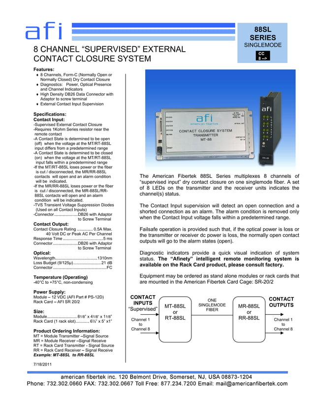 American Fibertek MT-88SL Data Sheet | PDF