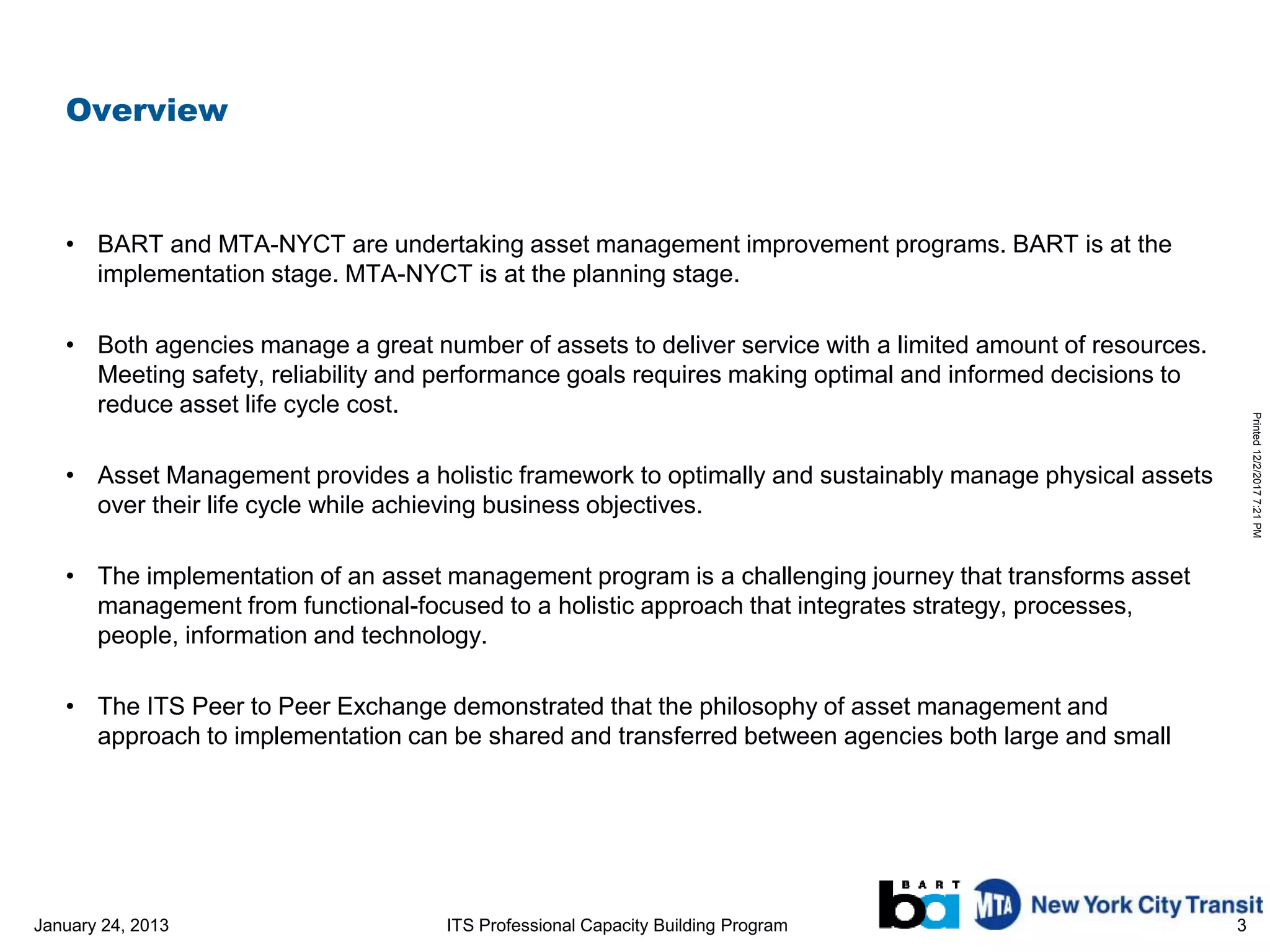 Transit Asset Management BART - MTA NYC Transit Peer to Peer Exchange ...