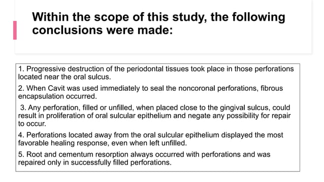 SEALING ABILITY OF MTA FOR REPAIR OF LATERAL ROOT PERFORATION | PPTX