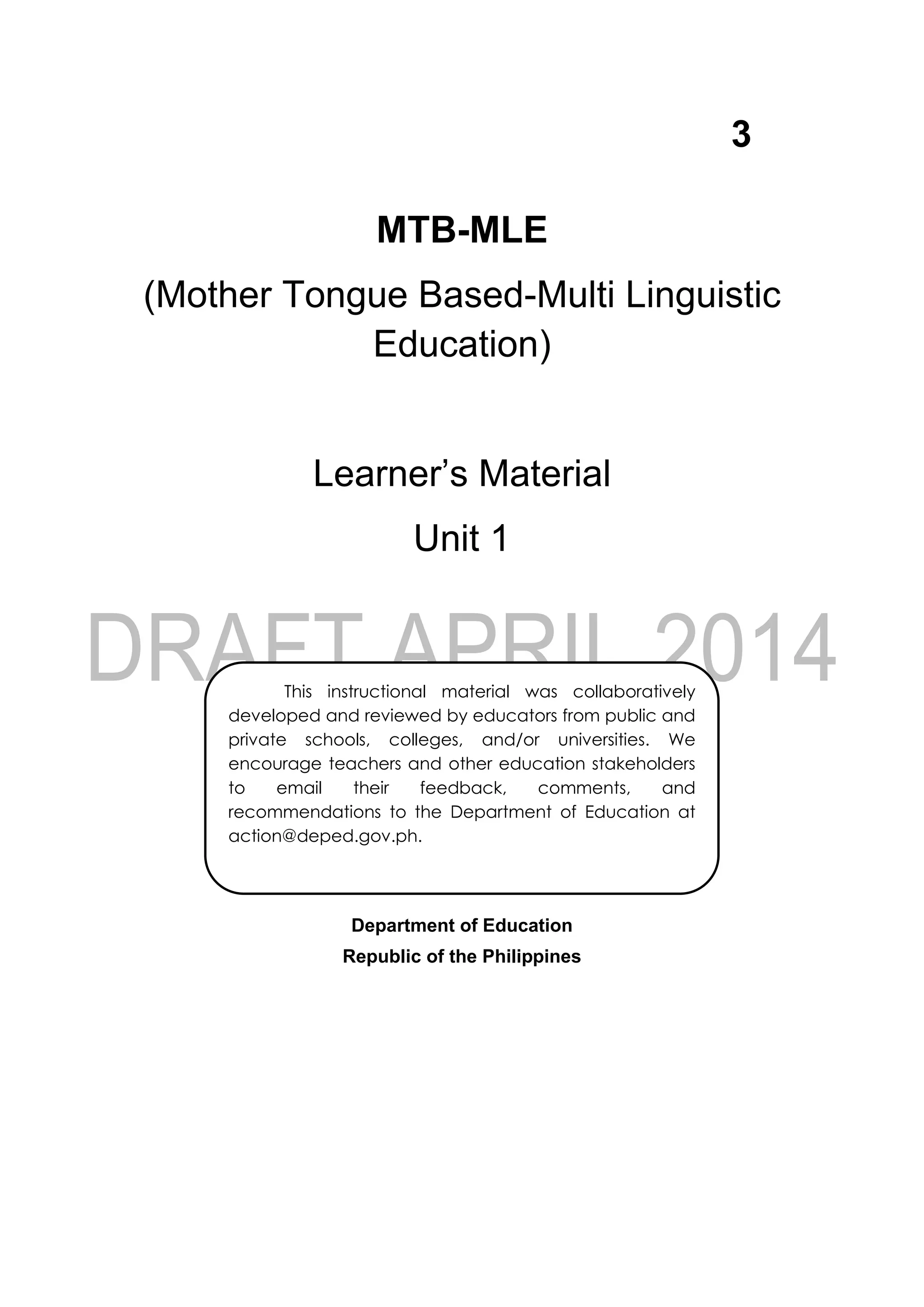 K TO 12 GRADE 3 LEARNER’S MATERIAL IN Mother Tongue Based (MTB) | PDF