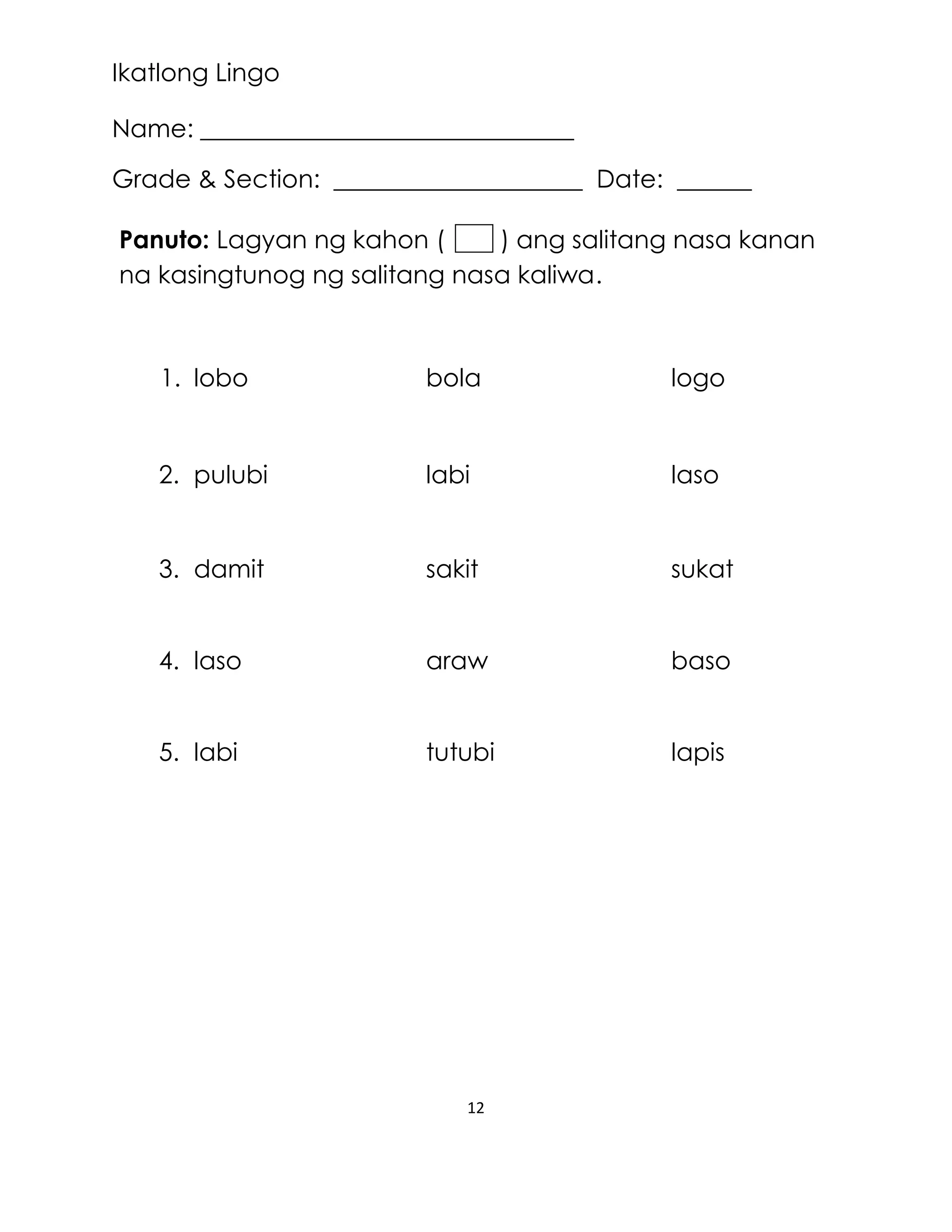 Mtb mle-tagalog-activity-sheets-q12 | PDF