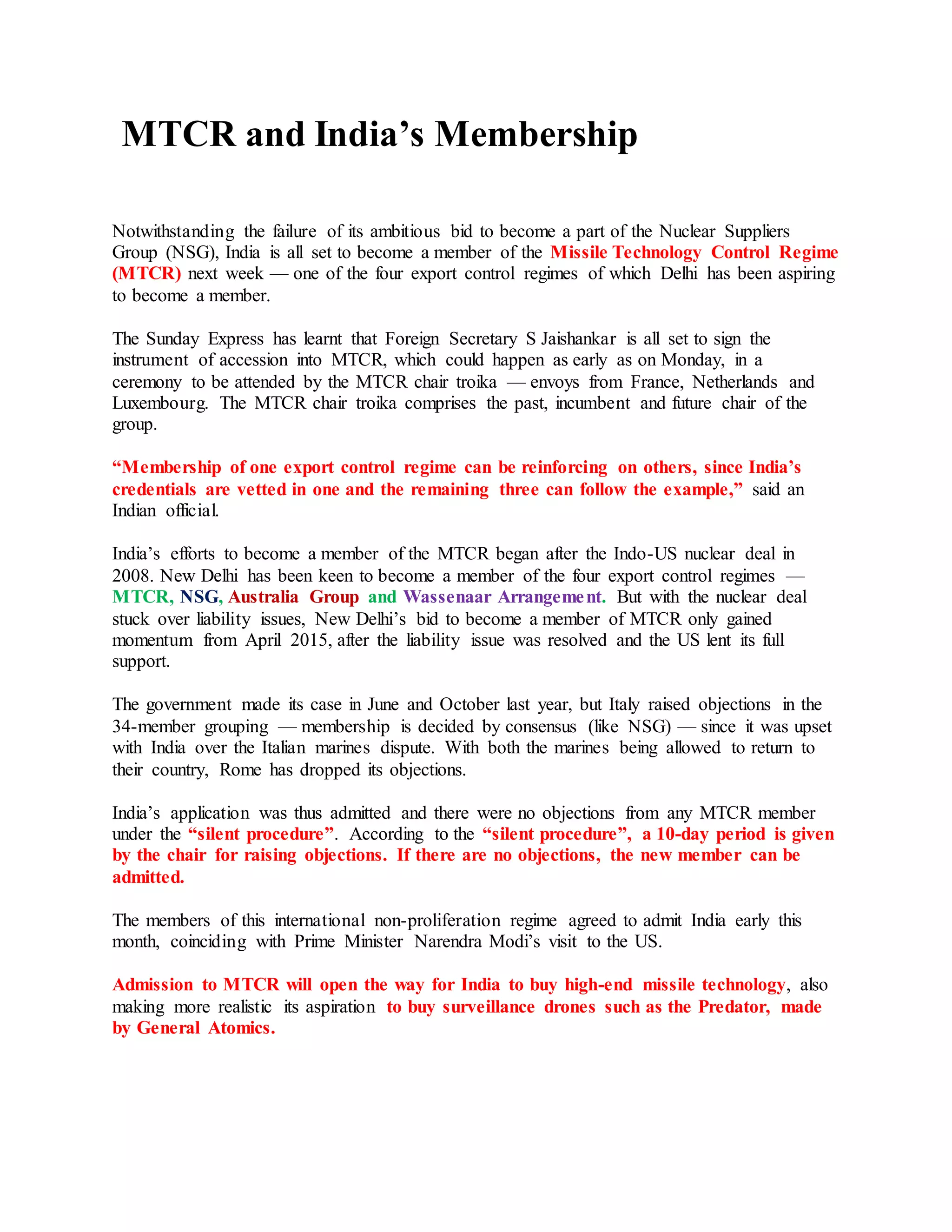 MTCR and india's membership | DOCX