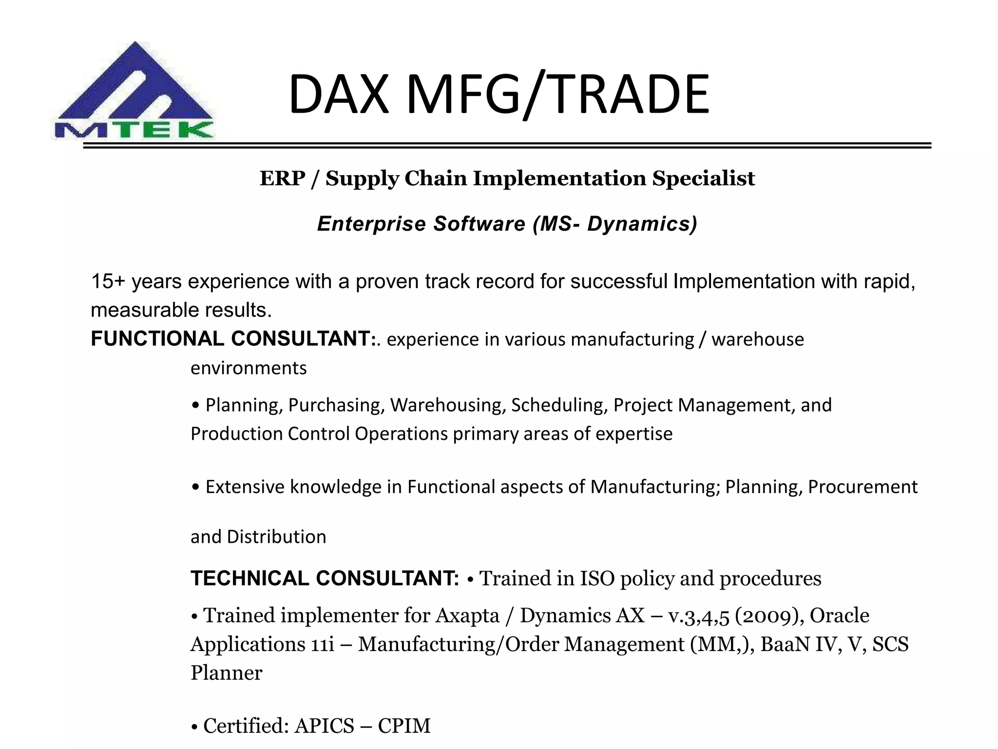 DAX, Dynamics AX, Dynamics 4.0, Microsoft Dynamics 2009 | PPTX