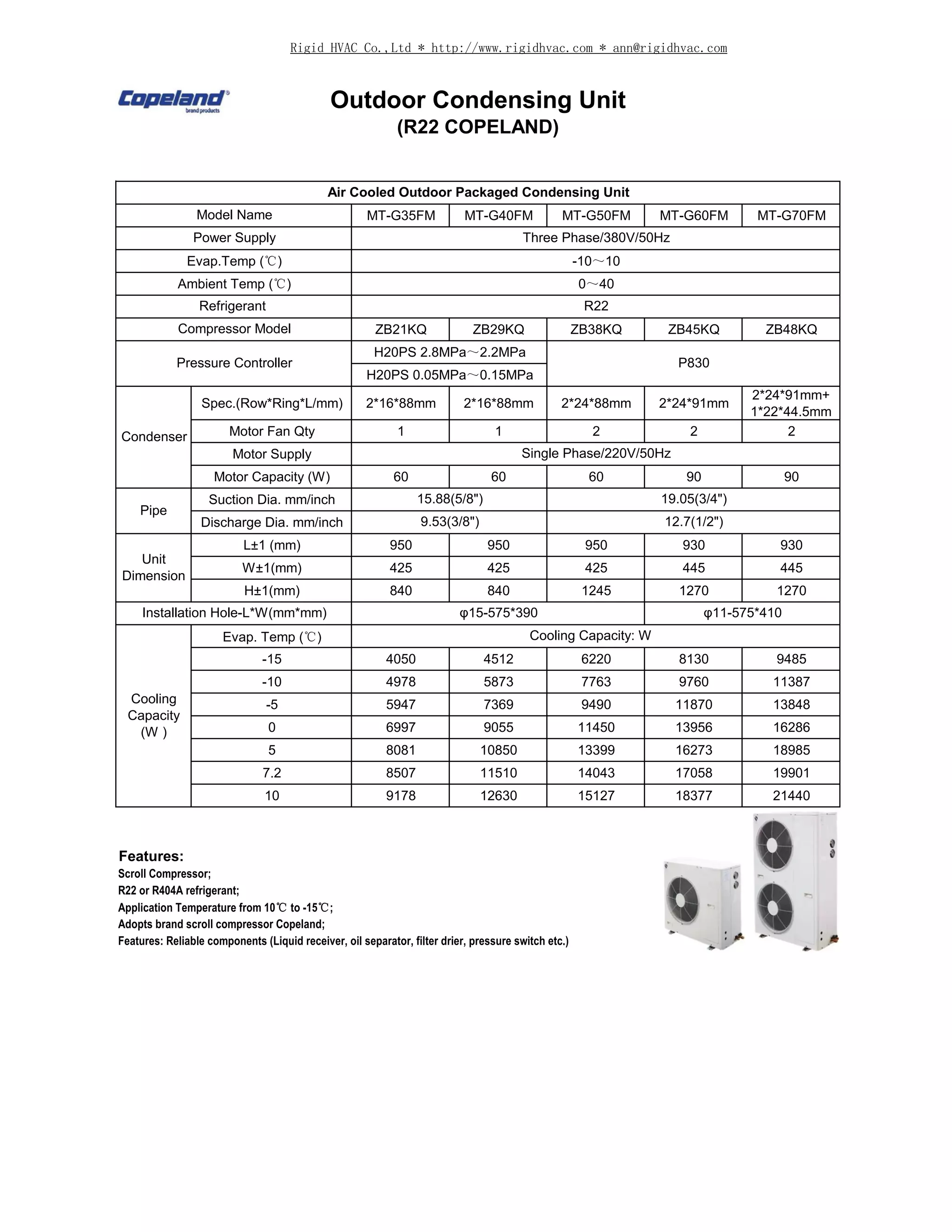 MTG R22 air cooled packaged unit (copeland) | PDF