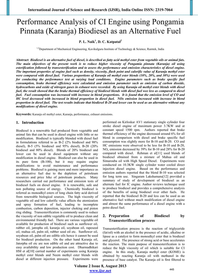 Performance Analysis of CI Engine using Pongamia Pinnata (Karanja ...