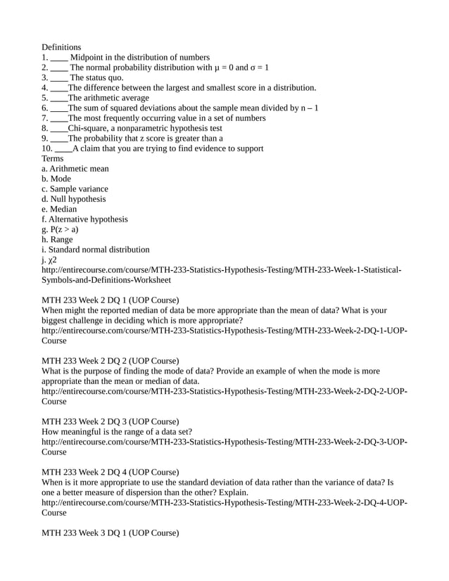 MTH 233 (Statistics Hypothesis Testing - entirecourse.com) | PDF