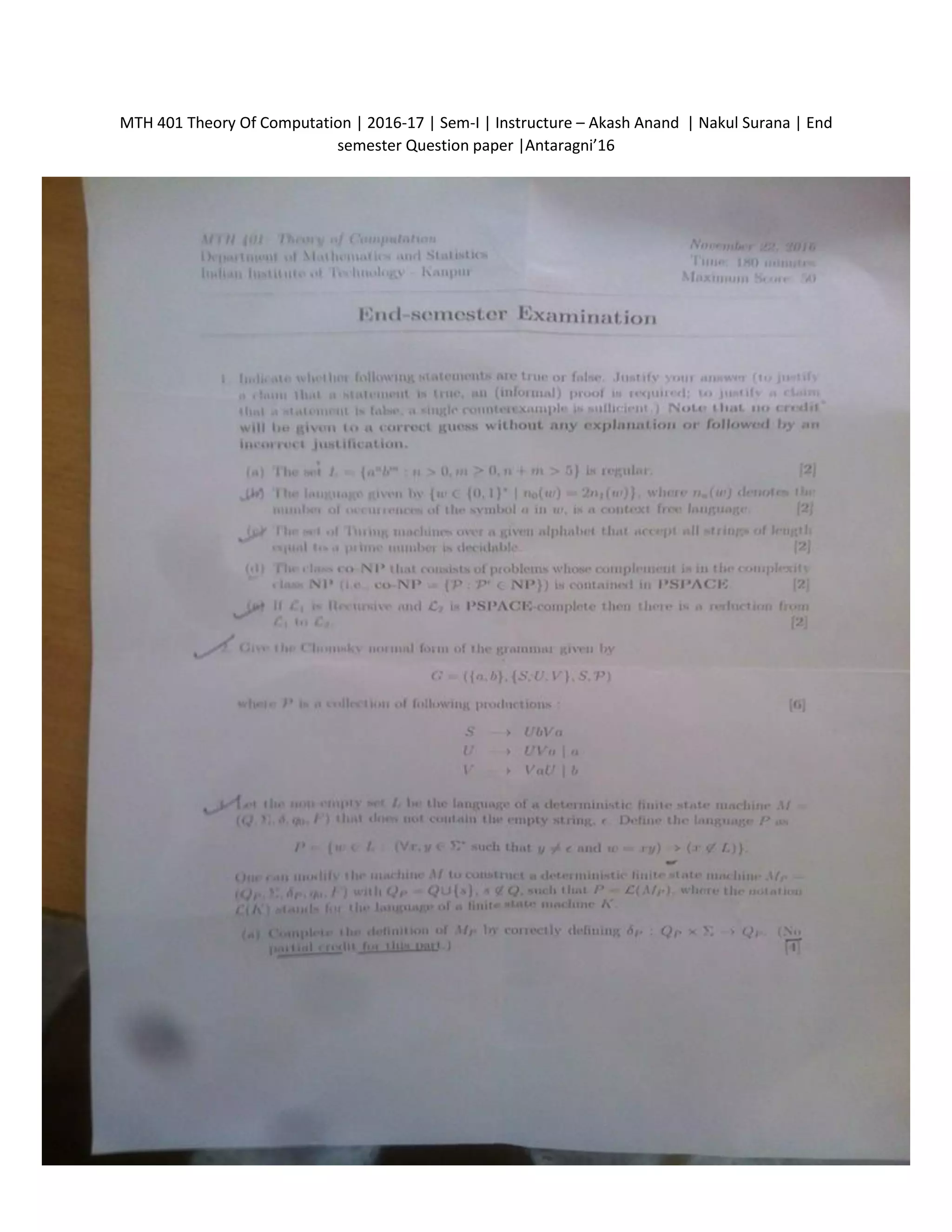 Mth 401 IITK theory of computation 2016 | PDF