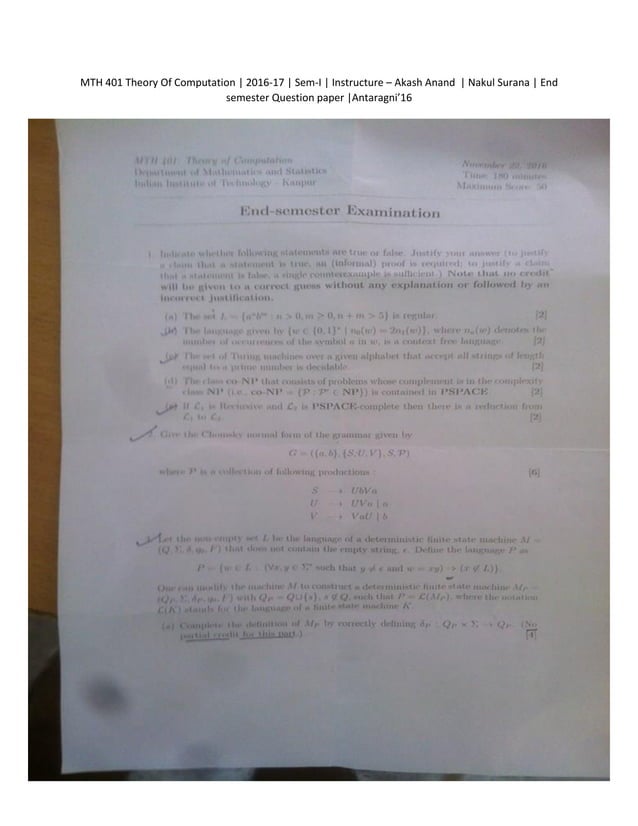 Mth 401 IITK theory of computation 2016 | PDF