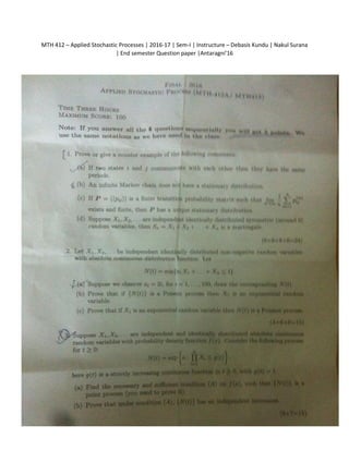 MTH 412 Applied Stochastic Processes 2016-17 Sem-I End Semester Question Paper | PDF