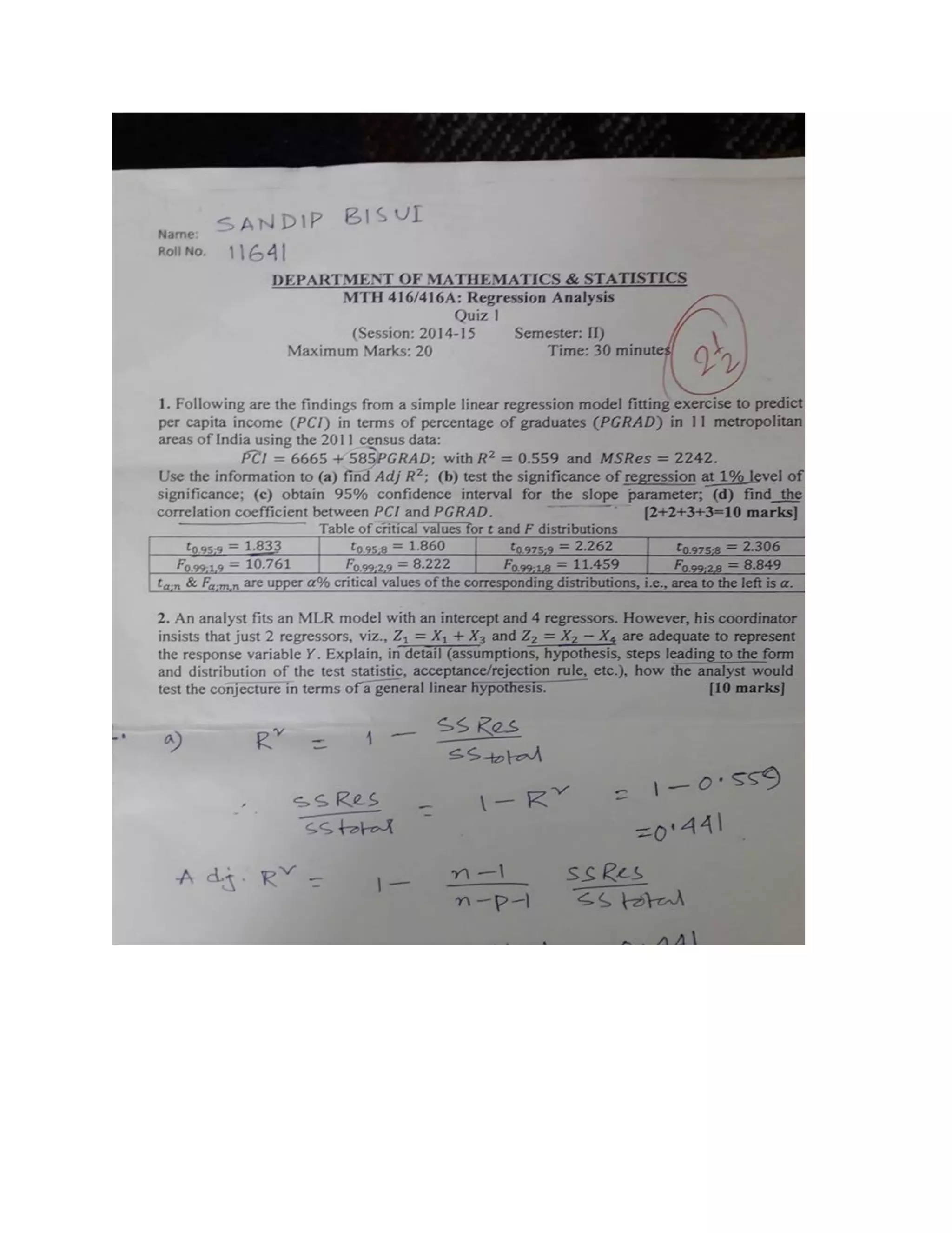 Mth 416A, Regression Analysis - 2016 midsem, endsem and quizes | PDF