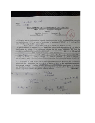 Mth 416A, Regression Analysis - 2016 midsem, endsem and quizes | PDF