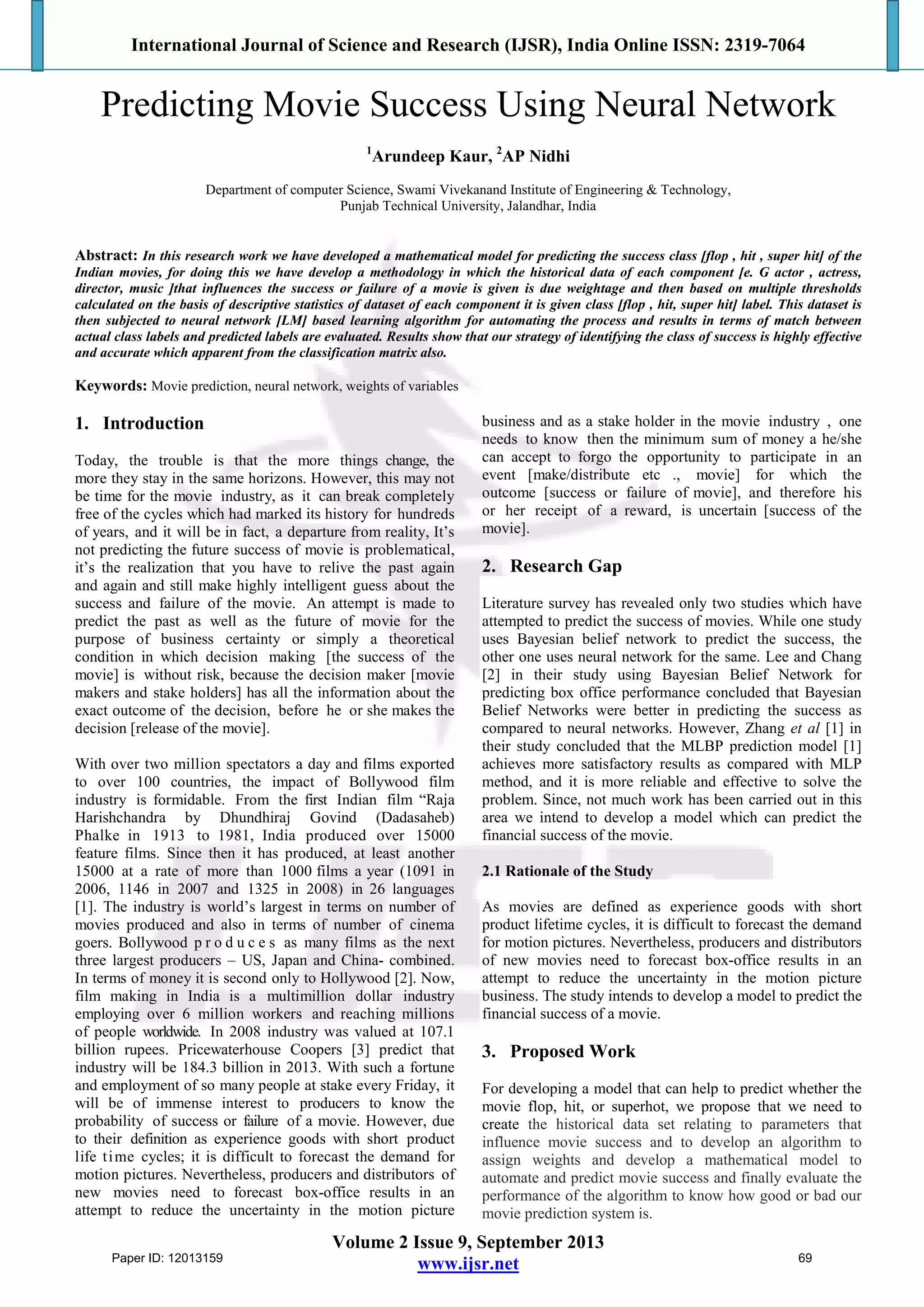 Predicting Movie Success Using Neural Network | PDF