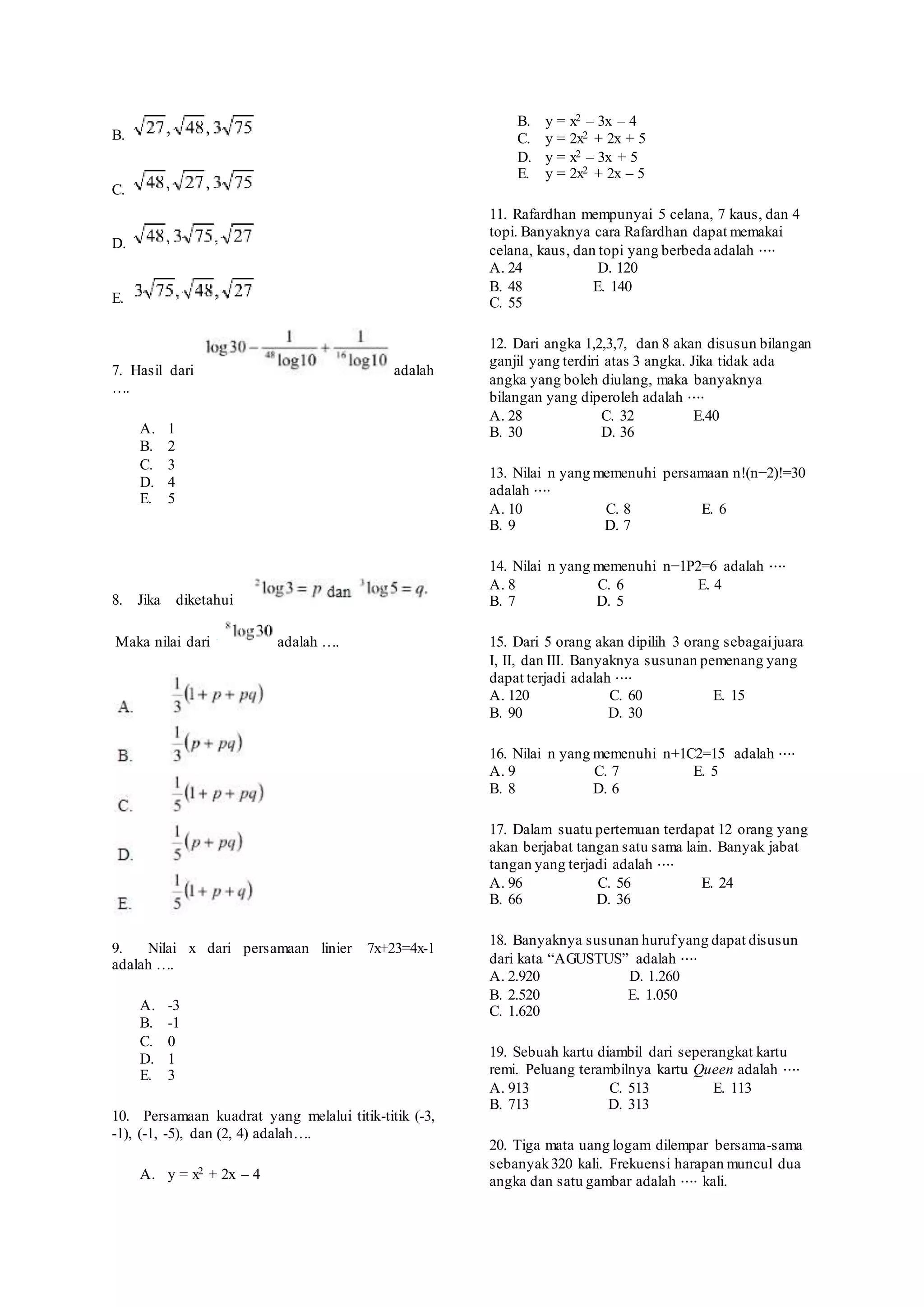 SOAL MATEMATIKA Paket C PAS 1 Tapel 2019/2020 PKBM LUHUR PEKERTI | DOCX