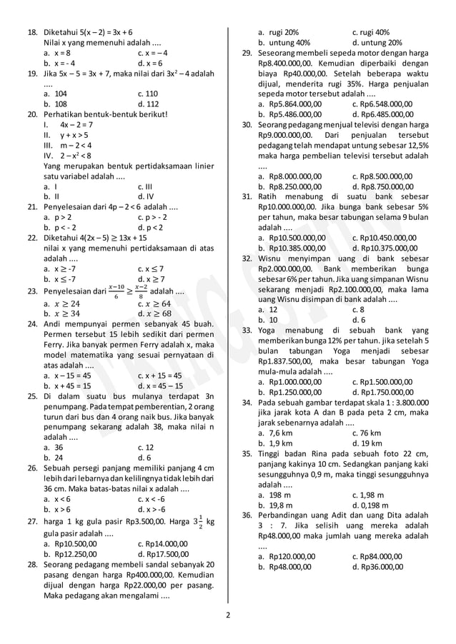 SOAL UAS GANJIL MATEMATIKA SMP KELAS VII 2015/2016 | PDF