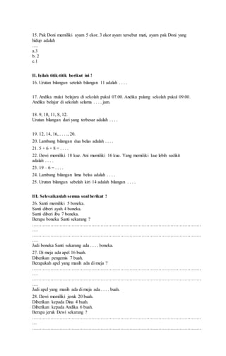 Mtk uts 1 kelas 1 sd | DOCX