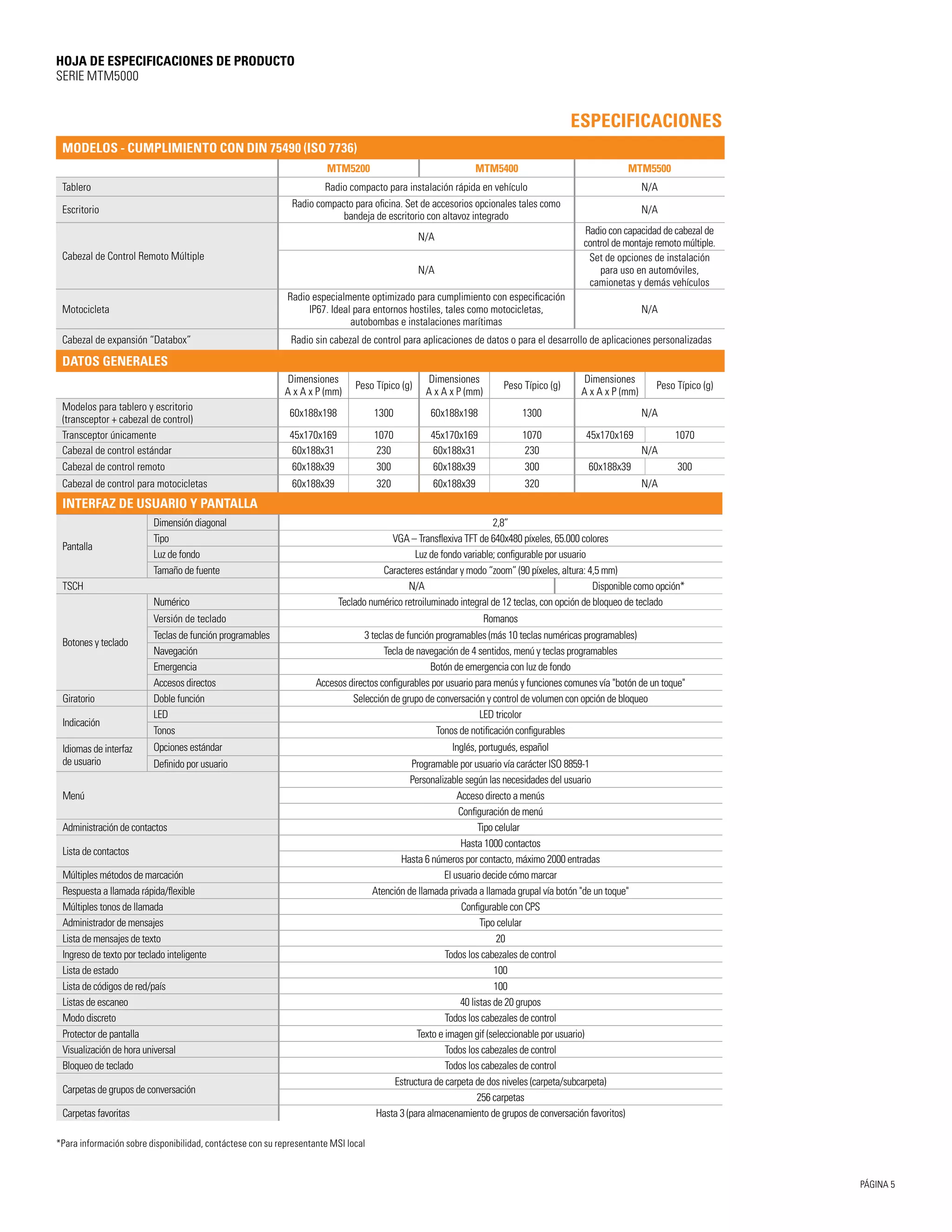 Mtm5000 series tetra mobile radios spec sheet (español) | PDF