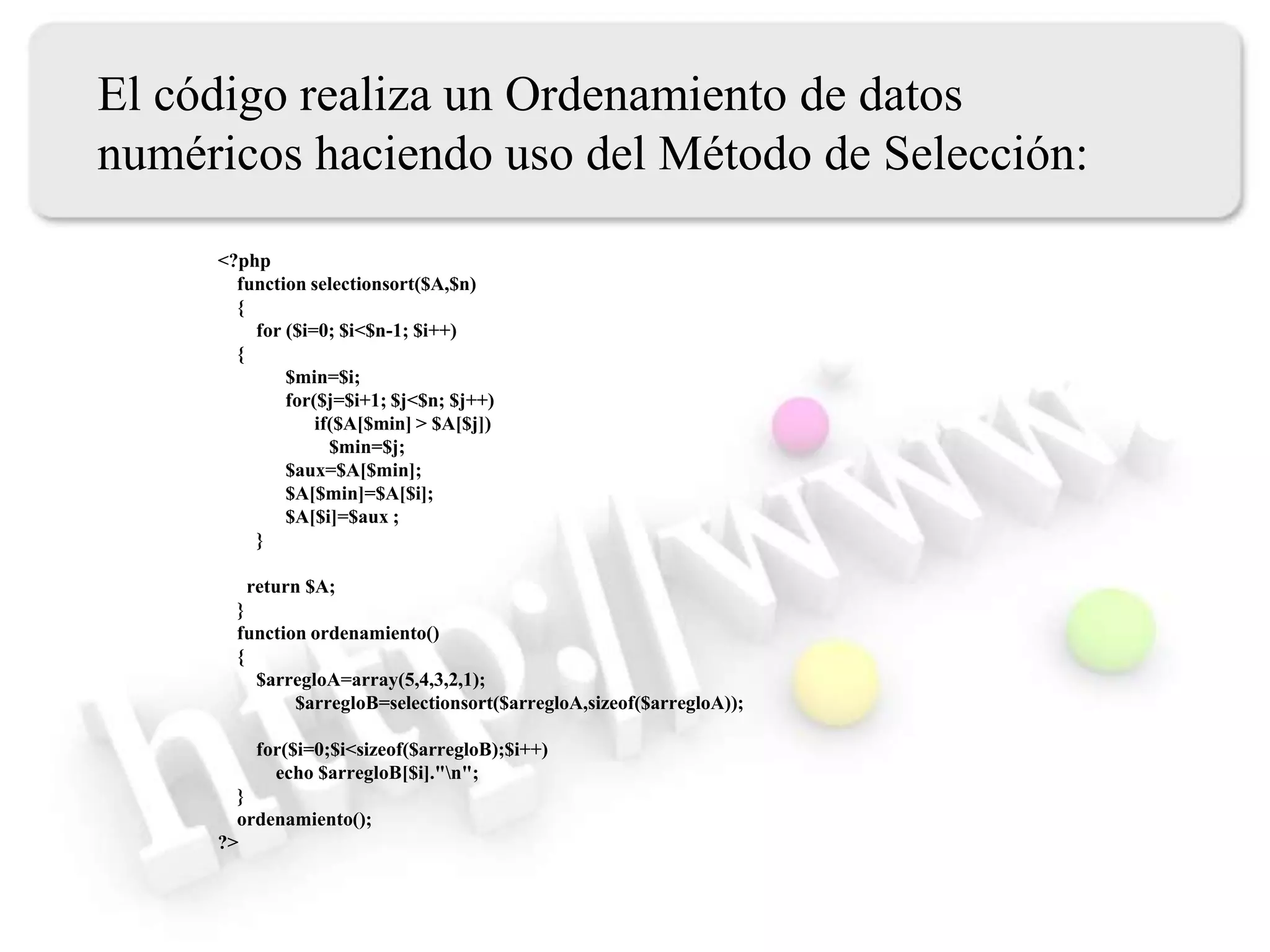 Método de ordenamiento por selección (selection sort | PPT