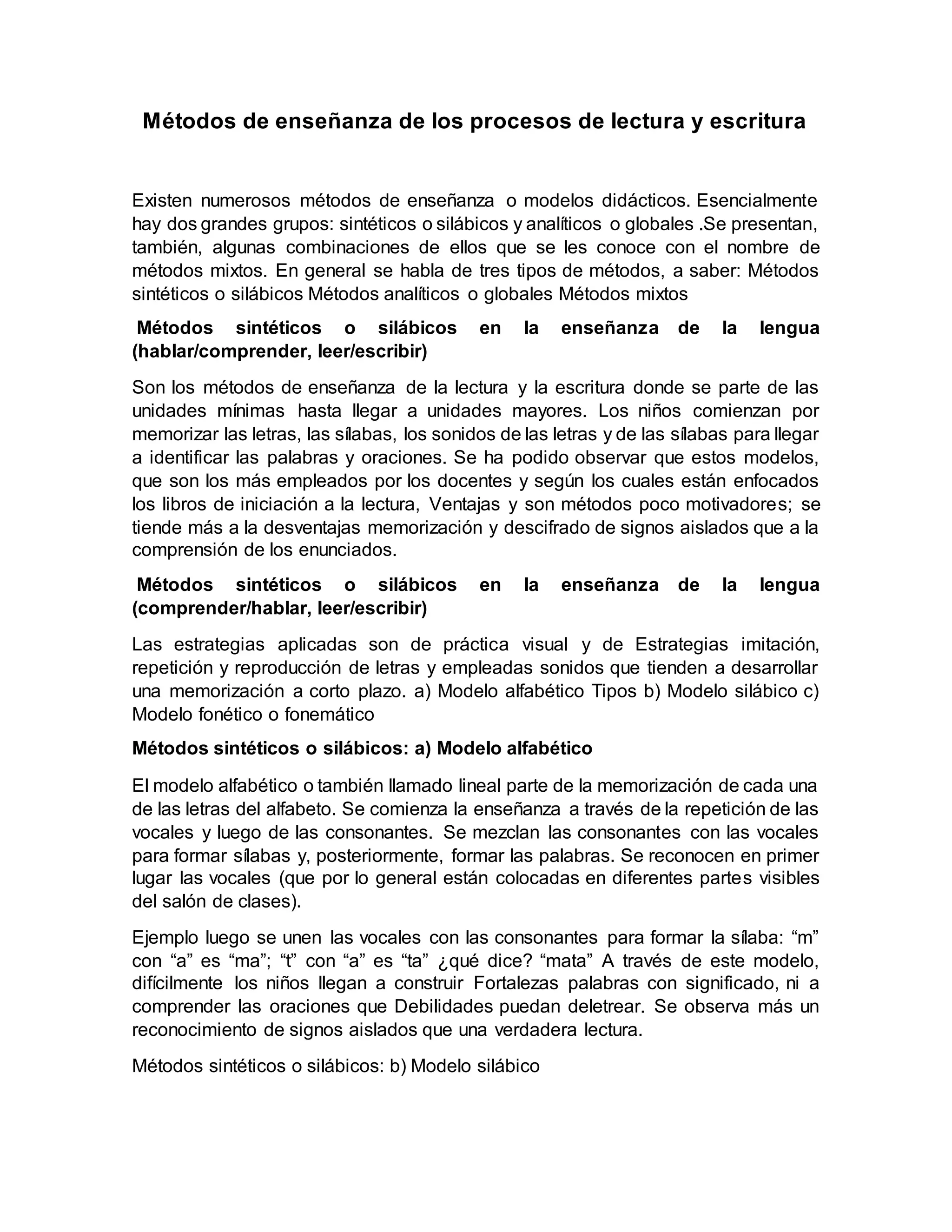 Métodos de enseñanza de los procesos de lectura y escritura | DOCX