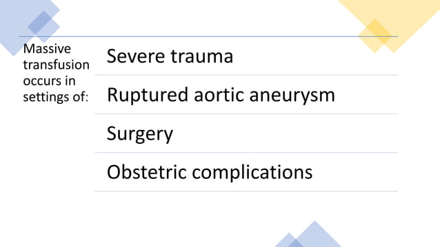 MASSIVE TRANSFUSION PROTOCOLS by DR JUVERIA.pptx | First Aid | Injuries