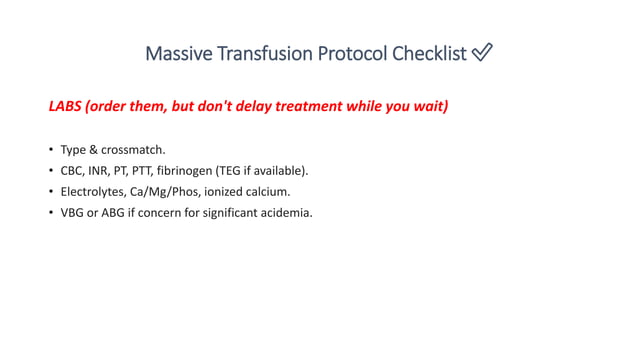 MASSIVE TRANSFUSION PROTOCOLS by DR JUVERIA.pptx | First Aid | Injuries