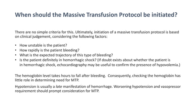 MASSIVE TRANSFUSION PROTOCOLS by DR JUVERIA.pptx | First Aid | Injuries