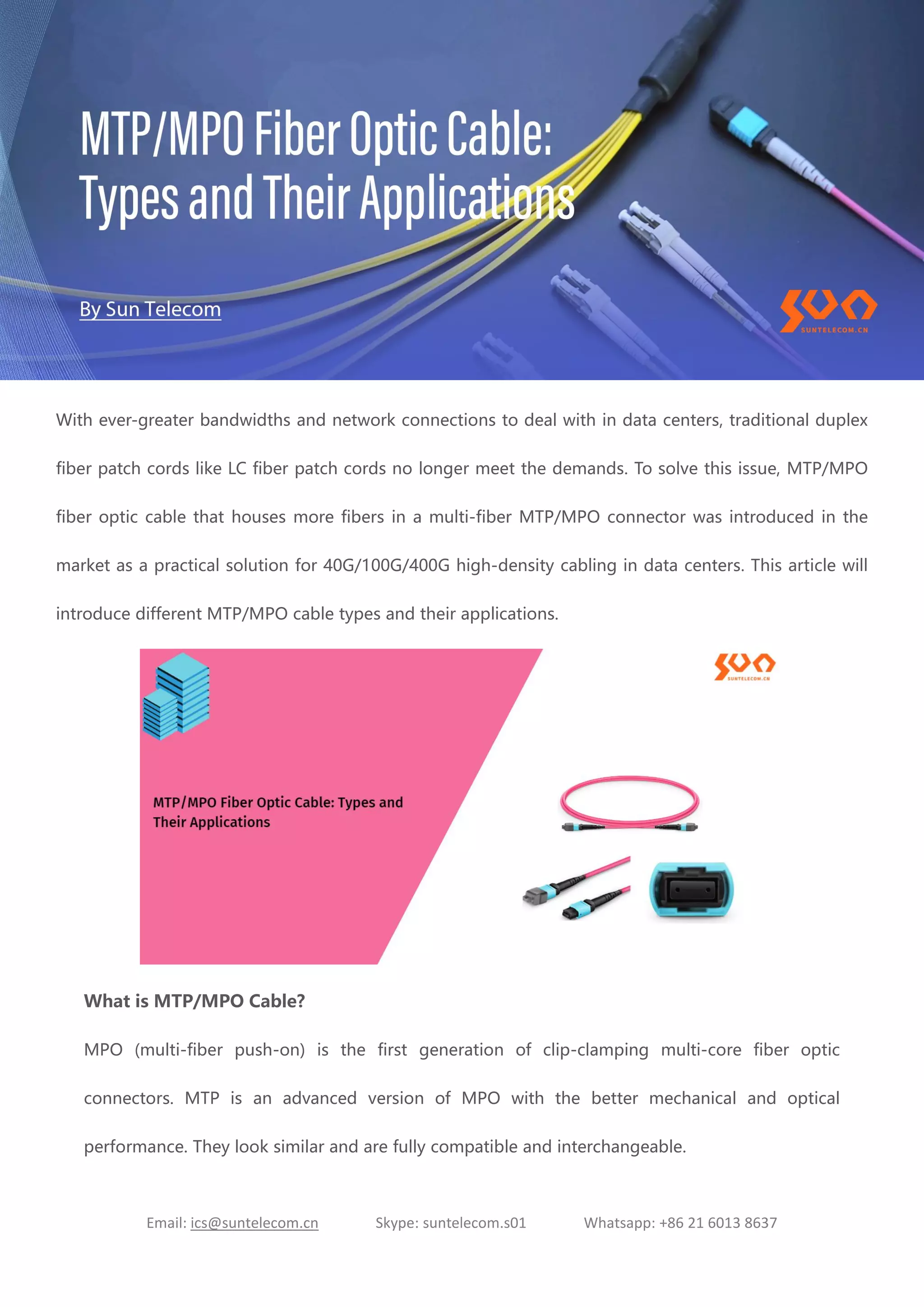 MTP/MPO Fiber Optic Cable：Types and Their Applications | PDF