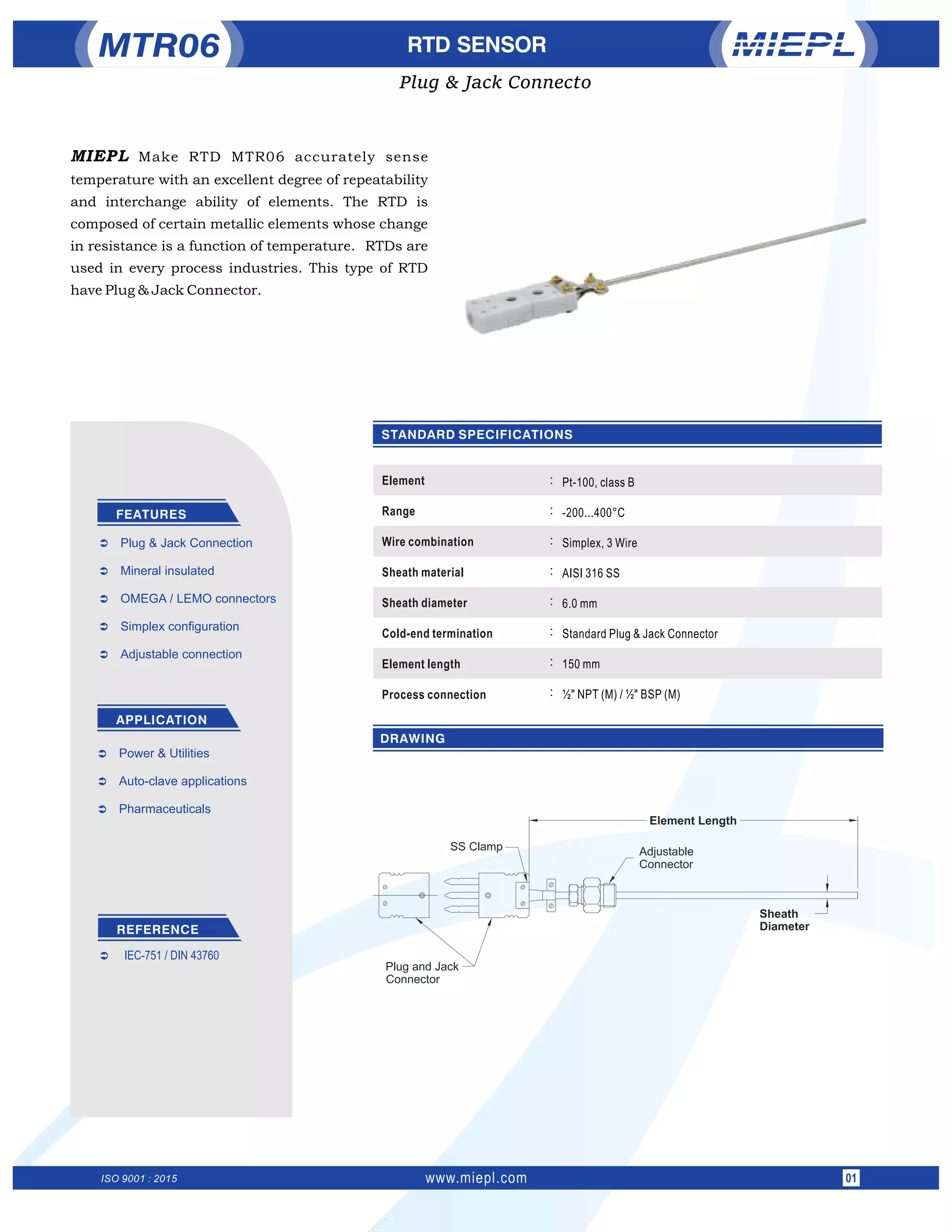 MTR06 RTD Sensor - Plug & Jack Connector | MIEPL | PDF