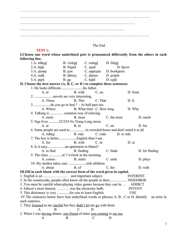 Một số đề kiểm tra 1 tiết hkii tiếng anh lớp 7 (with key) | PDF