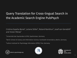 Query Translation for Cross-lingual Search in the Academic Search Engine PubPsych | PPT