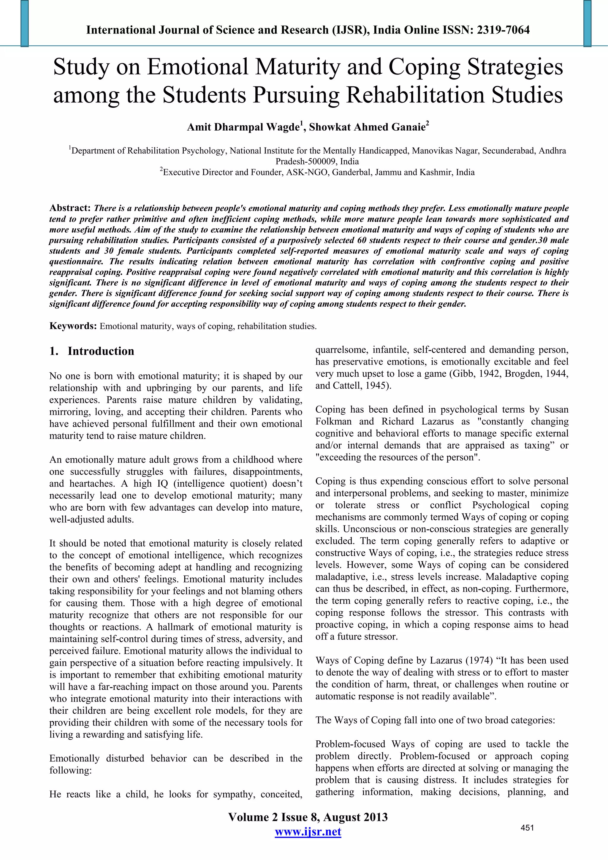 Study on Emotional Maturity and Coping Strategies among the Students Pursuing Rehabilitation ...