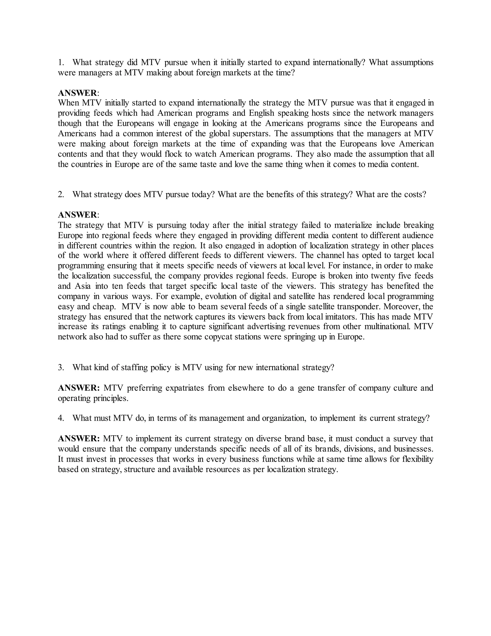 Mtv Network: A Global Brand Goes Local Case study solutions. | DOCX