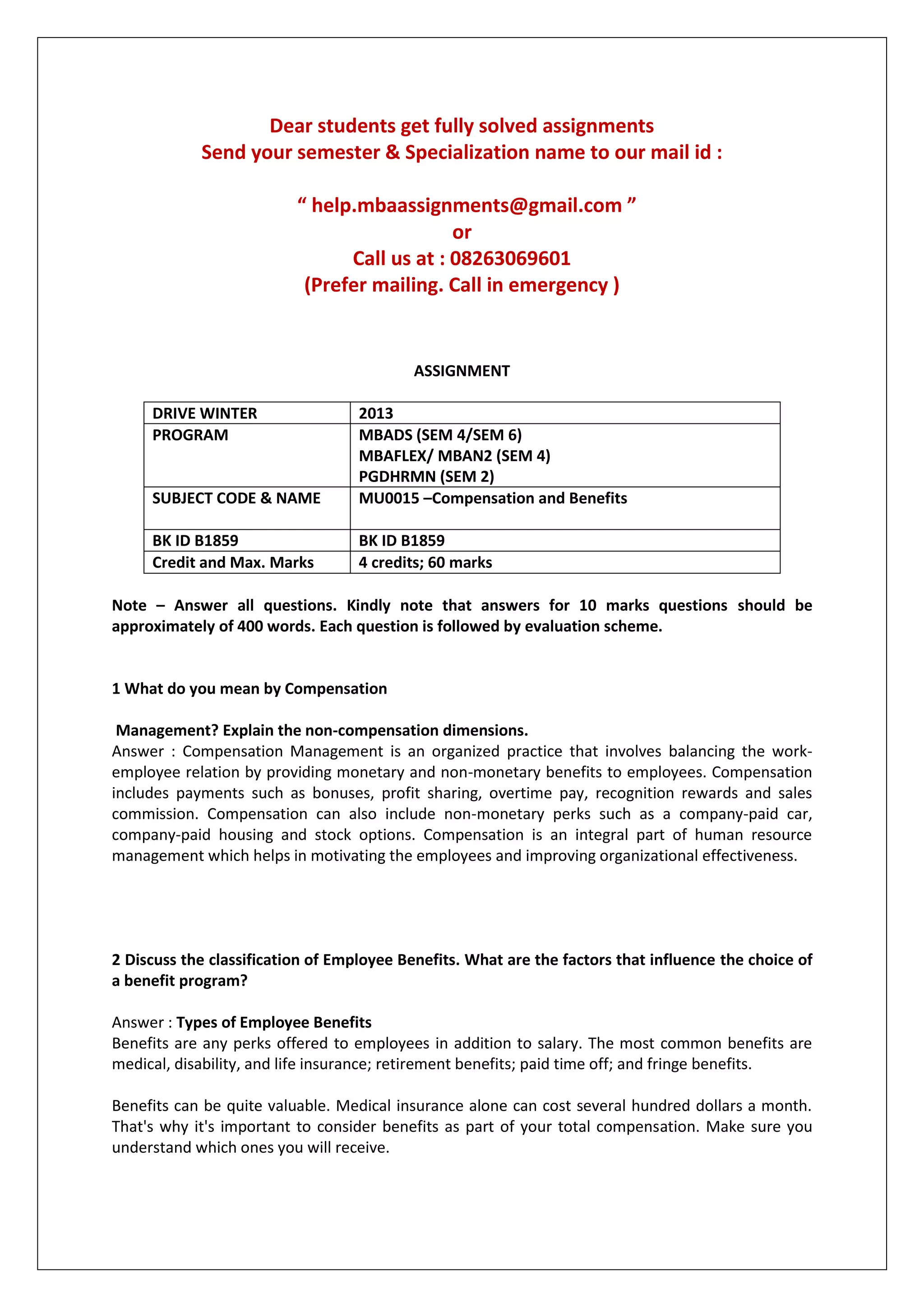 MU0015 –Compensation and Benefits | PDF