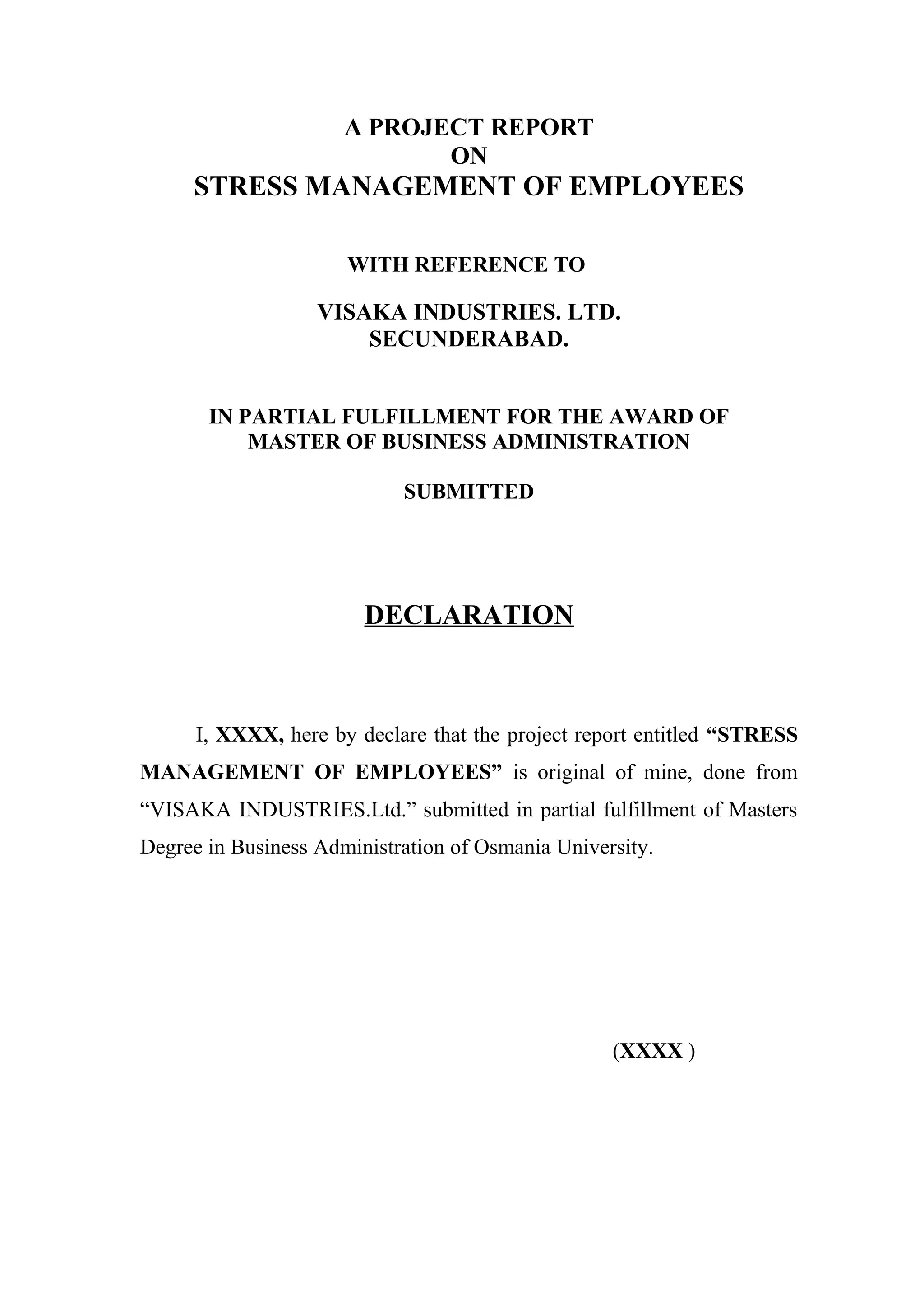 Mba project stress management of employees | DOC