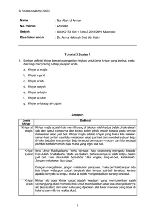Muamalat Tutorial Answer - Khiyar | DOCX