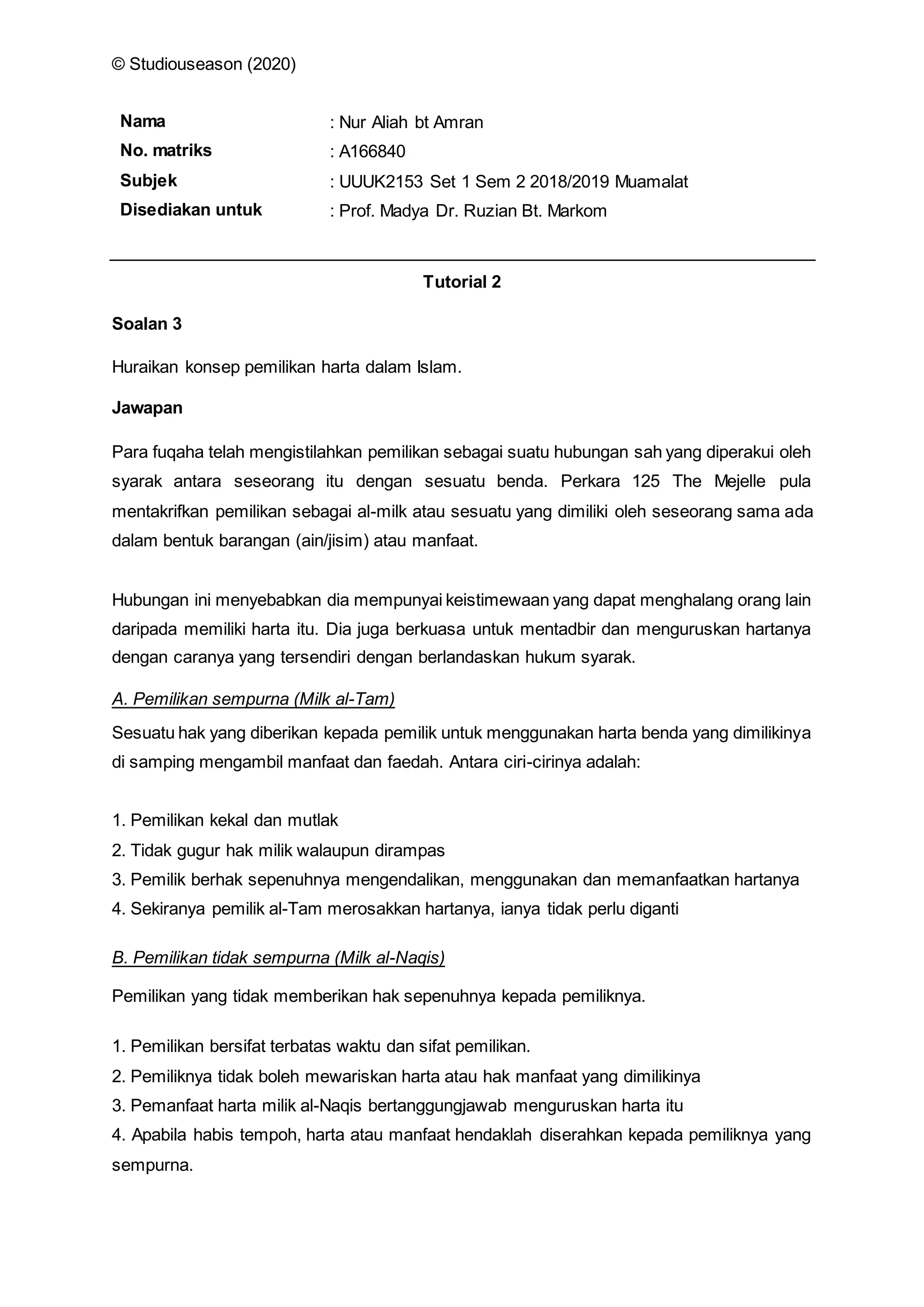 Muamalat Tutorial Answer - Konsep Pemilikan Harta Islam | DOCX