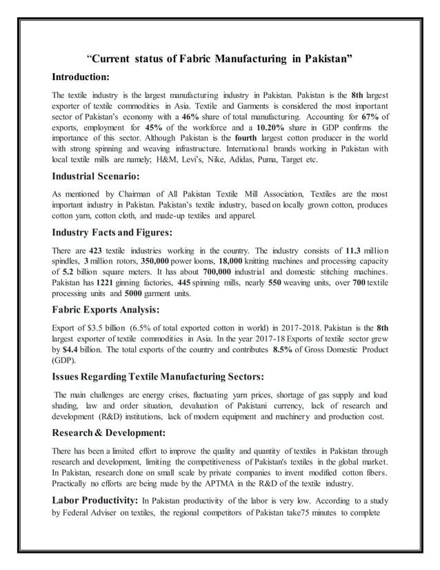 “Current status of Fabric Manufacturing in Pakistan” | PDF