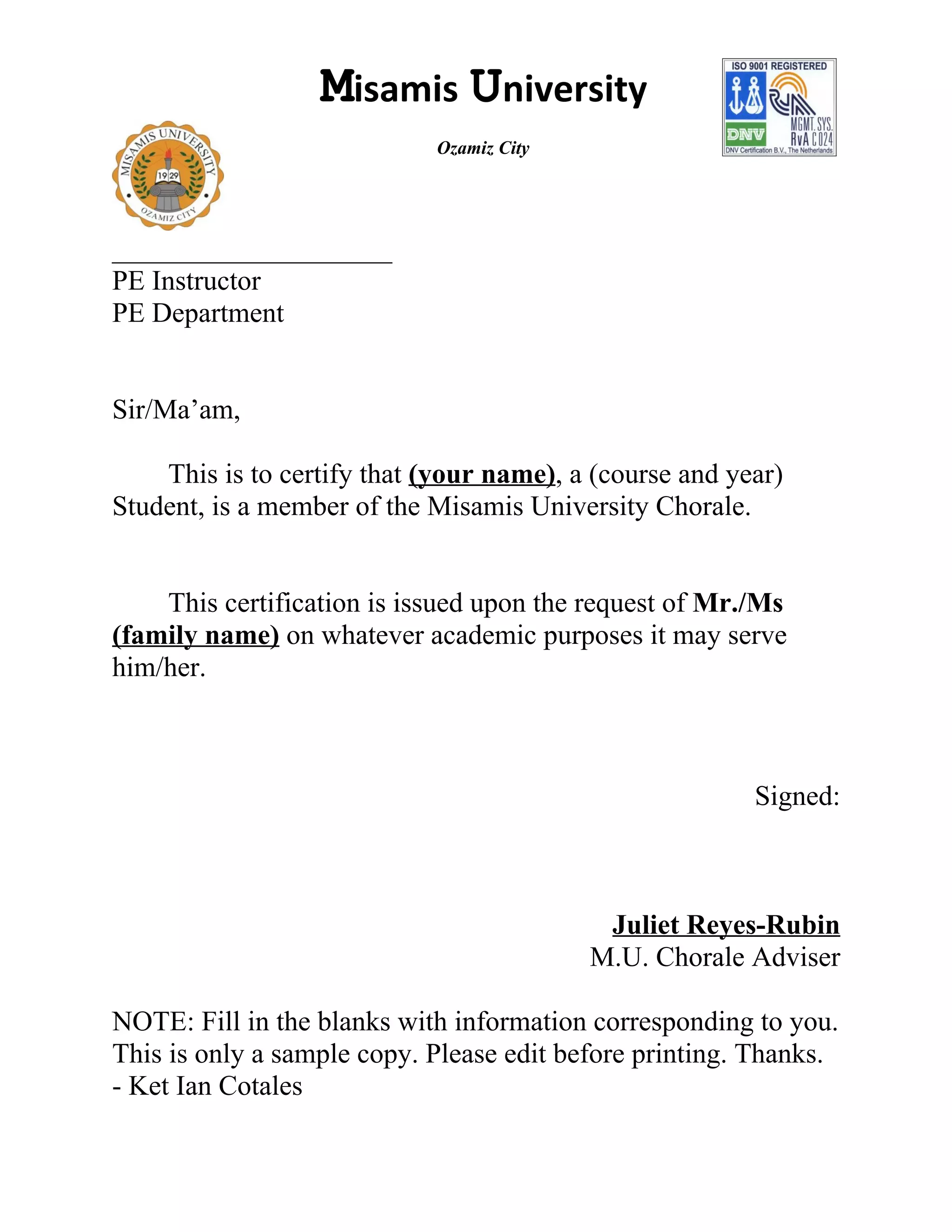 Mu chorale certification (sample copy) | DOC