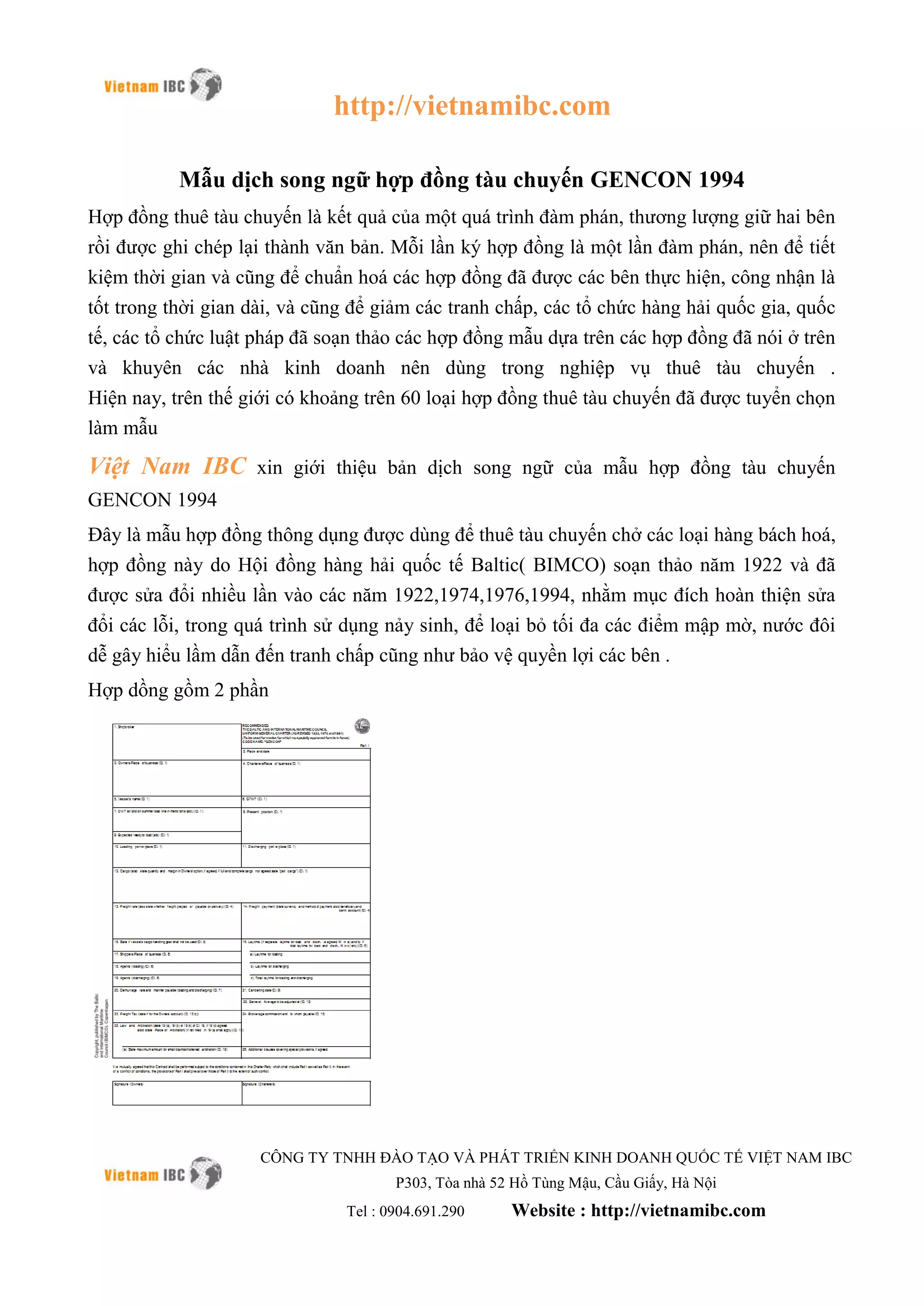 Mẫu dịch song ngữ hợp đồng tàu chuyến Gencon 1994 | PDF