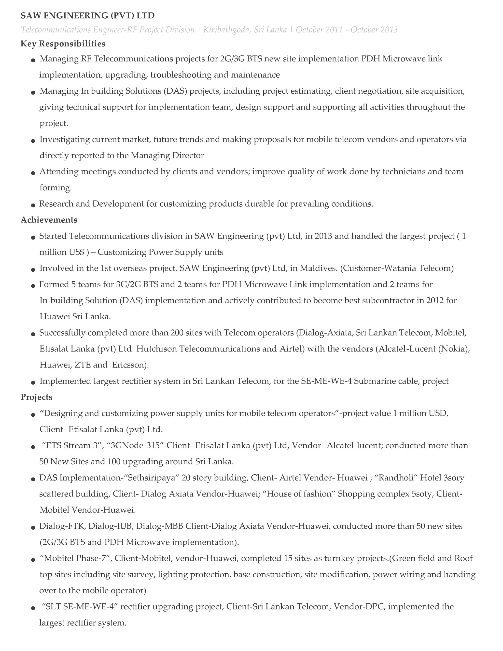 Muditha dasanayake telecommunications engineer | PDF | Telecommunications Industry | Industries