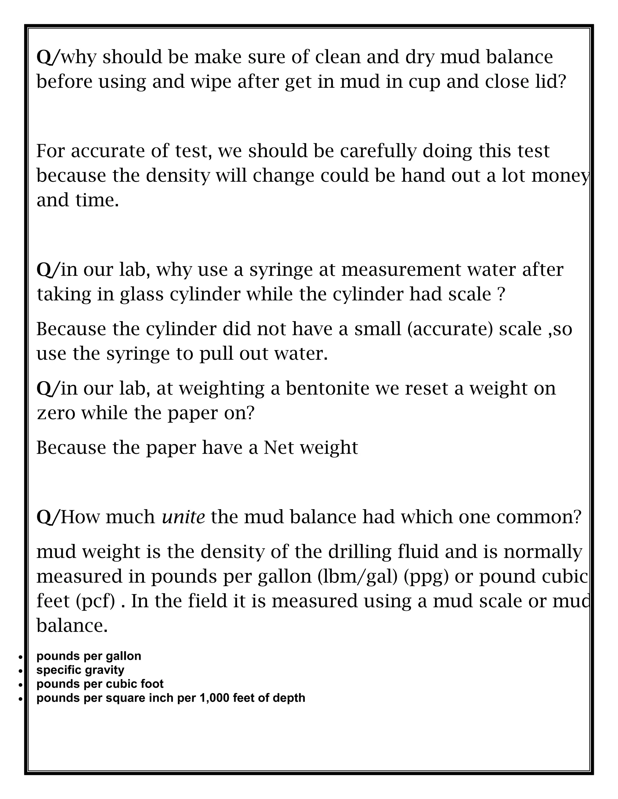 Mud balance test (drilling fluid lab test) | PDF