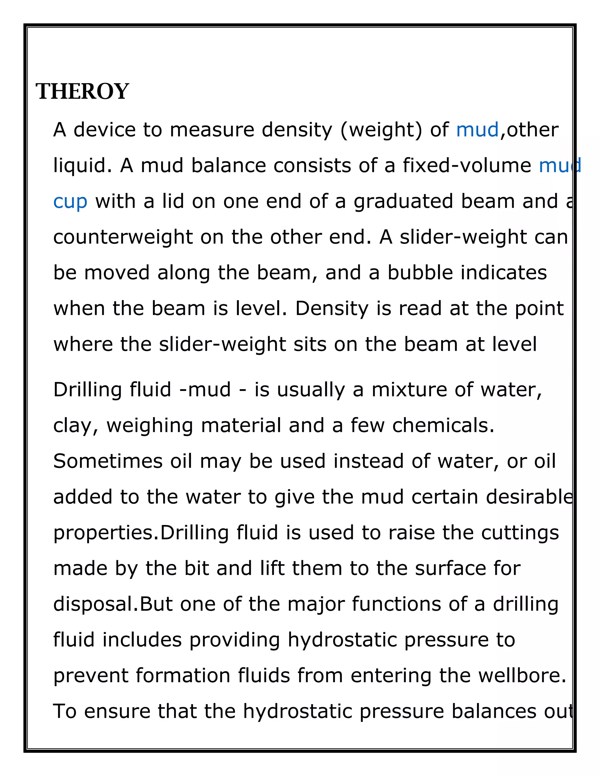 Mud balance test (drilling fluid lab test) | PDF