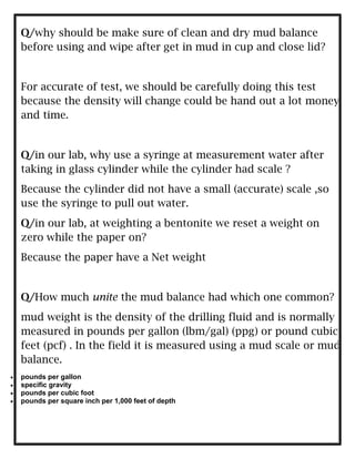 Mud balance test (drilling fluid lab test) | PDF