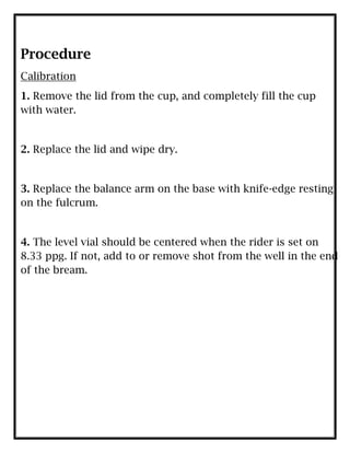 Mud balance test (drilling fluid lab test) | PDF