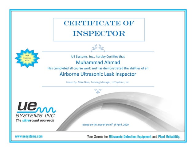 Certificate Of Inspector Airborne Ultrasonic Leak Inspector Ppt