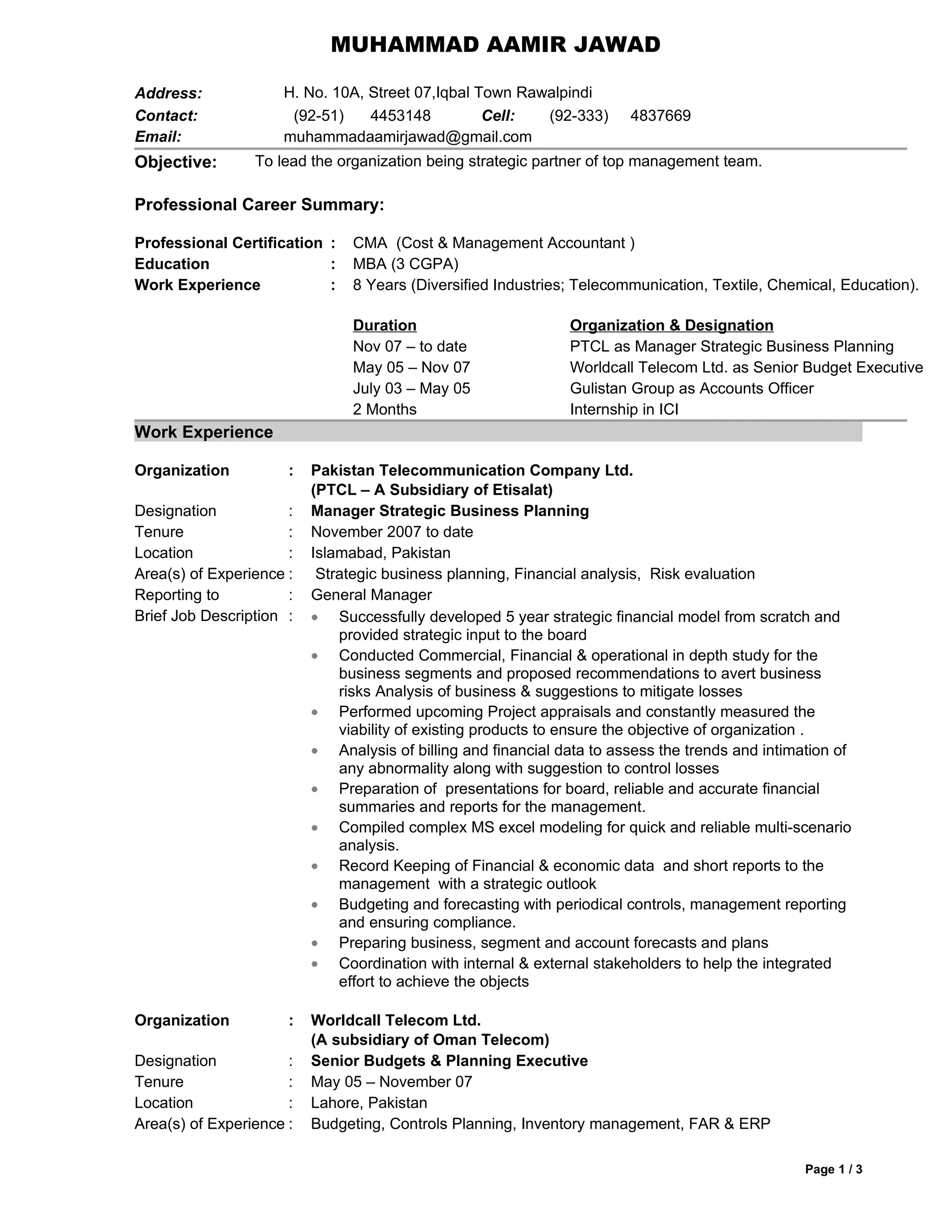 Muhammad Aamir Jawad Cv | DOC