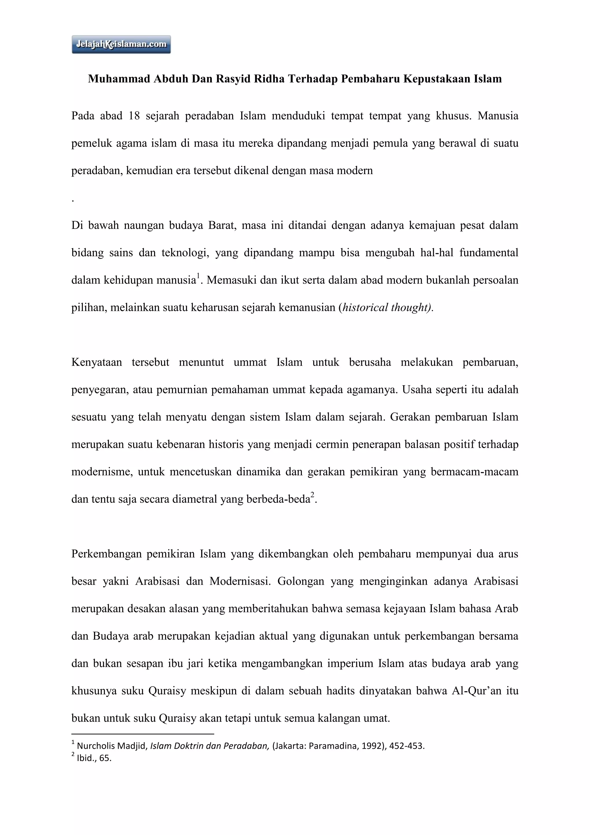 Muhammad abduh dan rasyid ridha terhadap pembaharu kepustakaan islam | PDF