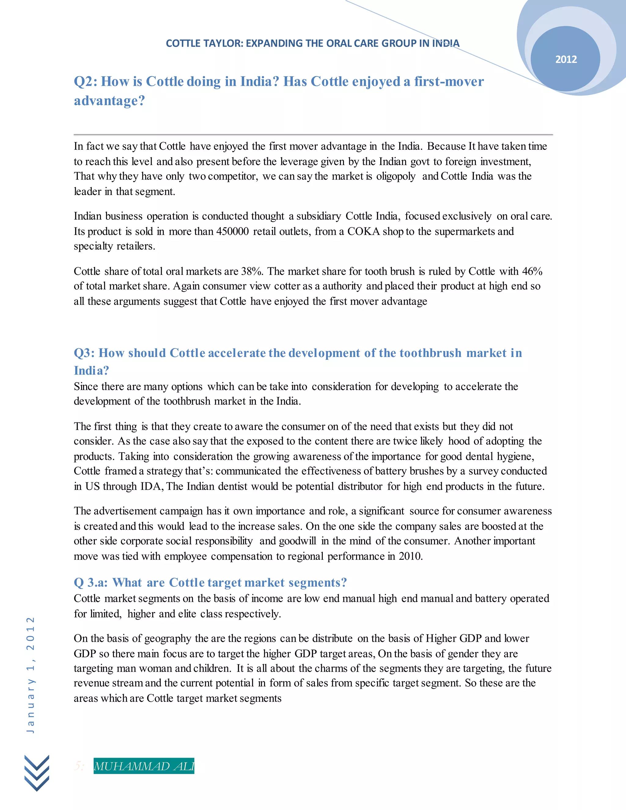 COTTLE TAYLOR: EXPANDING THE ORAL CARE GROUP IN INDIA | DOCX