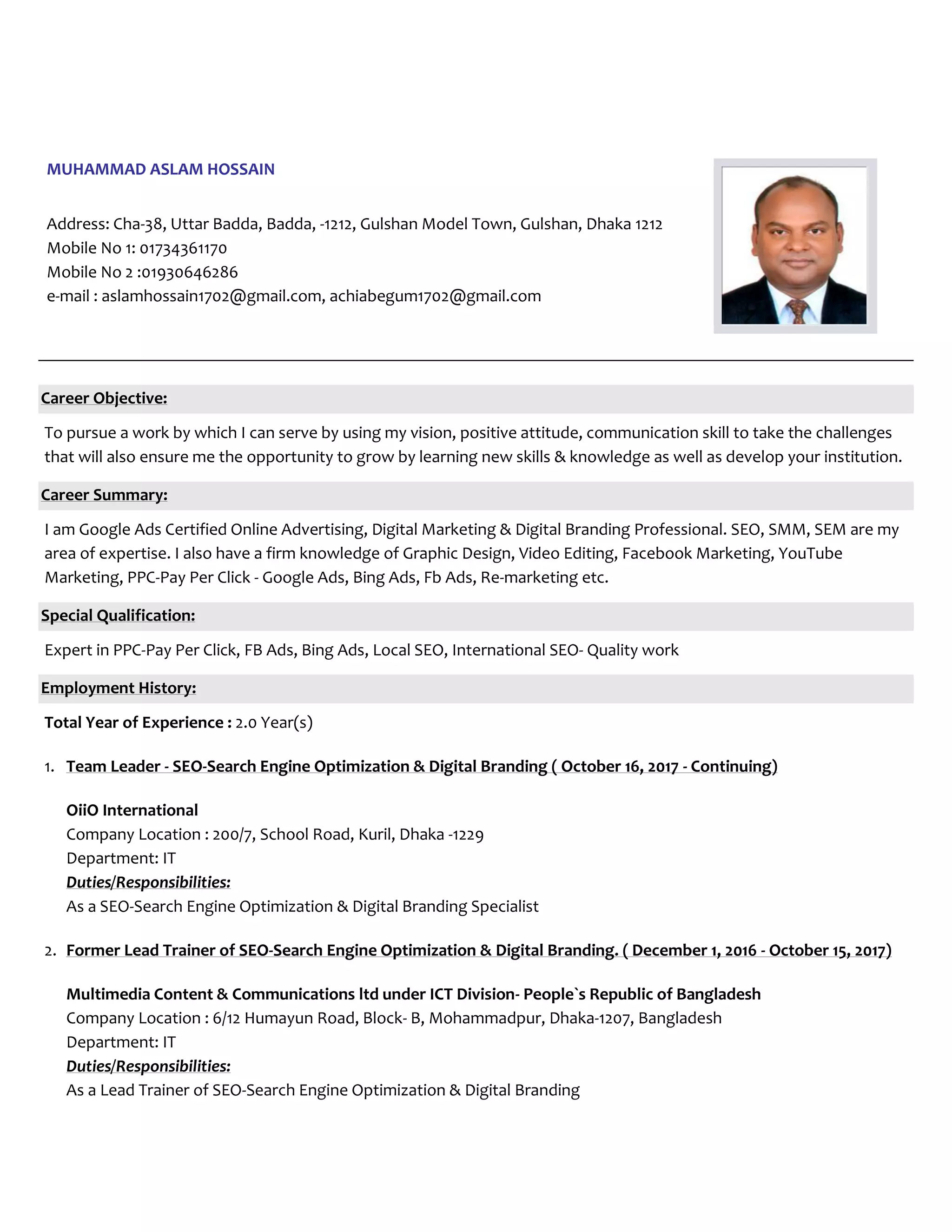 Muhammad aslam hossain_cv | PDF | Internet | Computing